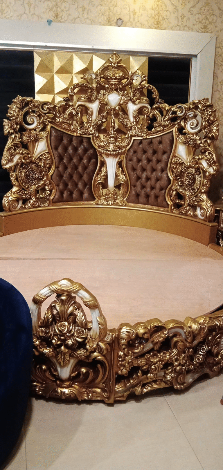 Round Bed Wooden King Size with Golden Finish | Décor Design