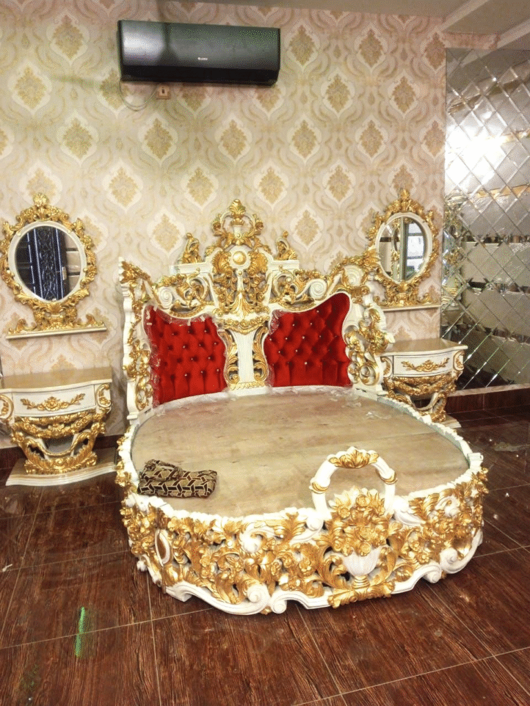 Round Bed Wooden King Size with Golden Finish | Décor Design